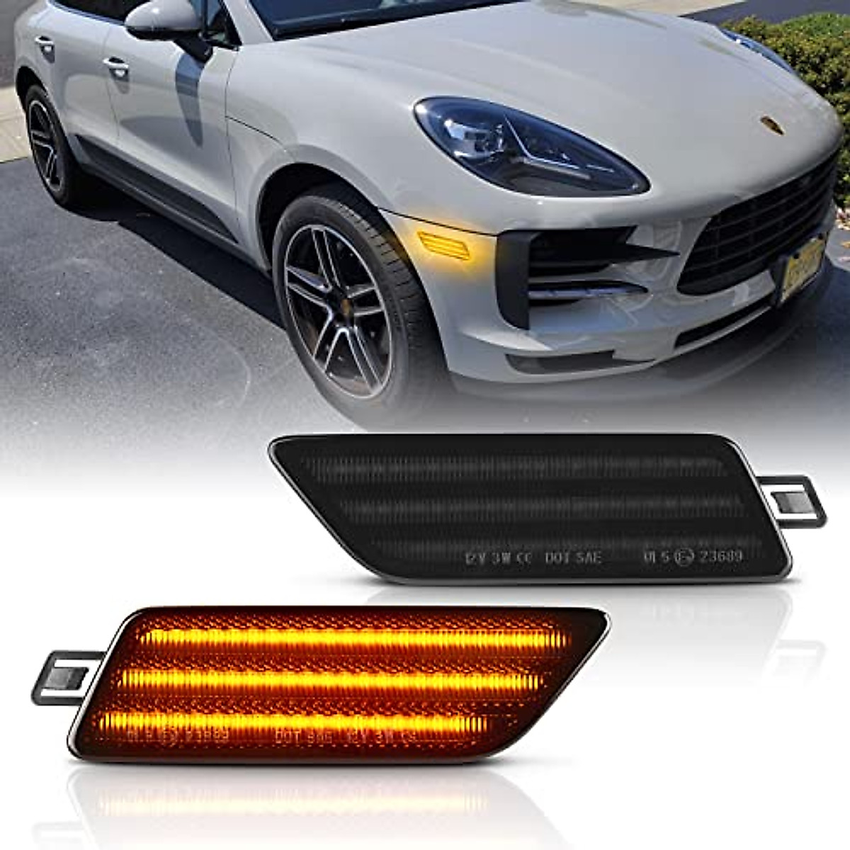 POPMOTORZ Front Bumper Side Marker Lights Assembly, Amber Full LED Blinker Signal Lamps Kits for 2014-2022 Porsche Ma-can 95B945119 95B945120-Smoked lens