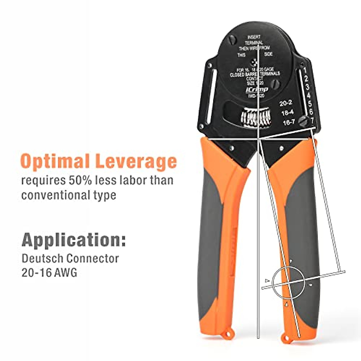 iCrimp IWD-1620 Deutsch Crimp Tool, Size 16 Deutsch Crimper, Solid Barrel Contact & Circular Connector Contacts Crimping Tool, 8 Indents Wire Crimper, AWG16 to AWG20