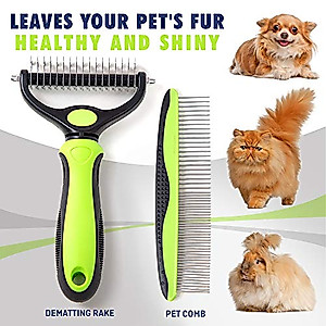 Rexipets Pet Dematting Grooming Set- 2 Sided Undercoat Rake + Grooming Comb For Dogs And Pets- Safe And Easy Mats & Tangles Removing