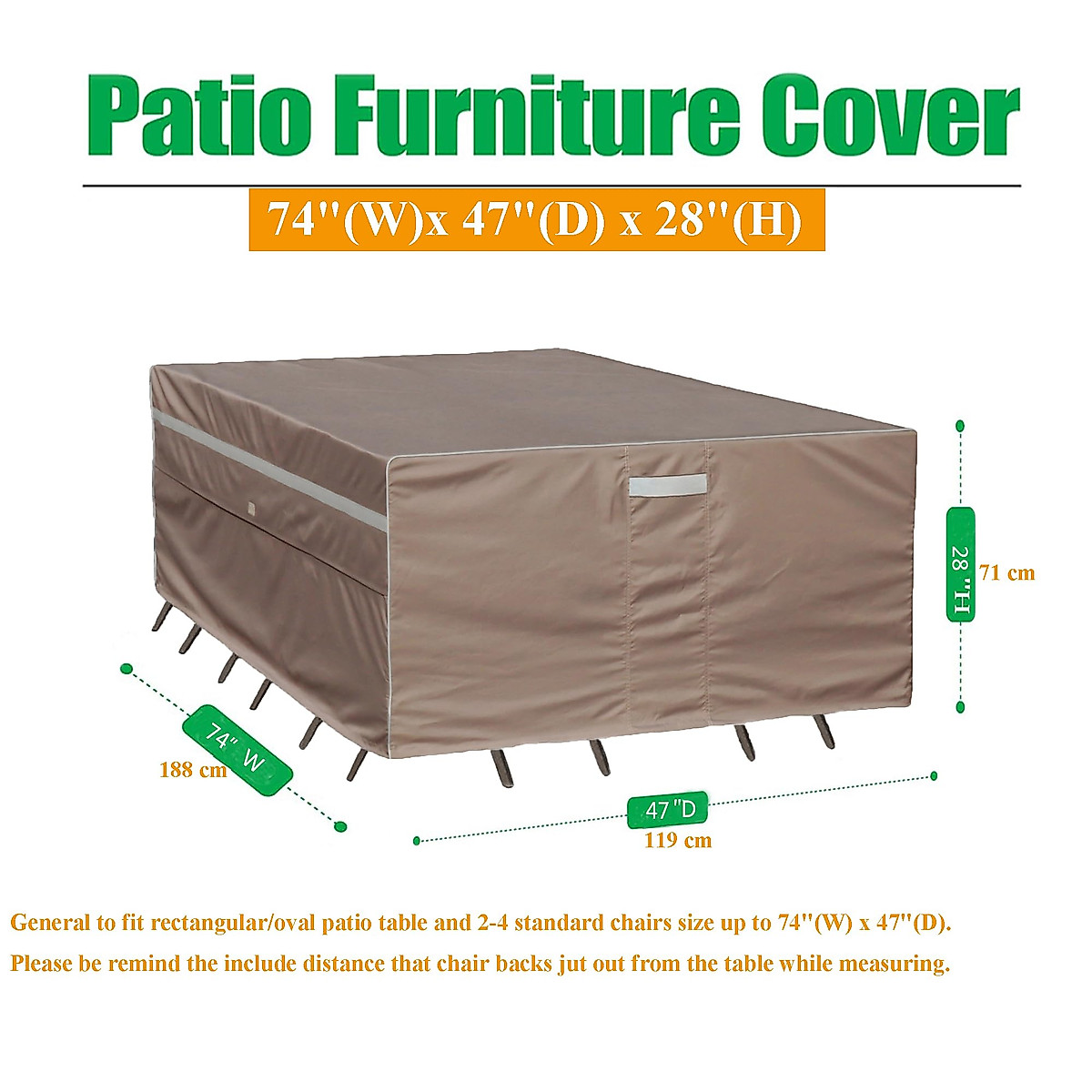Garden Balsam Heavy Duty Waterproof Patio Furniture Covers,Fade Resistant Outdoor Table and Chair Covers Rectangular 74" Wx 47" D x 28" H Brown