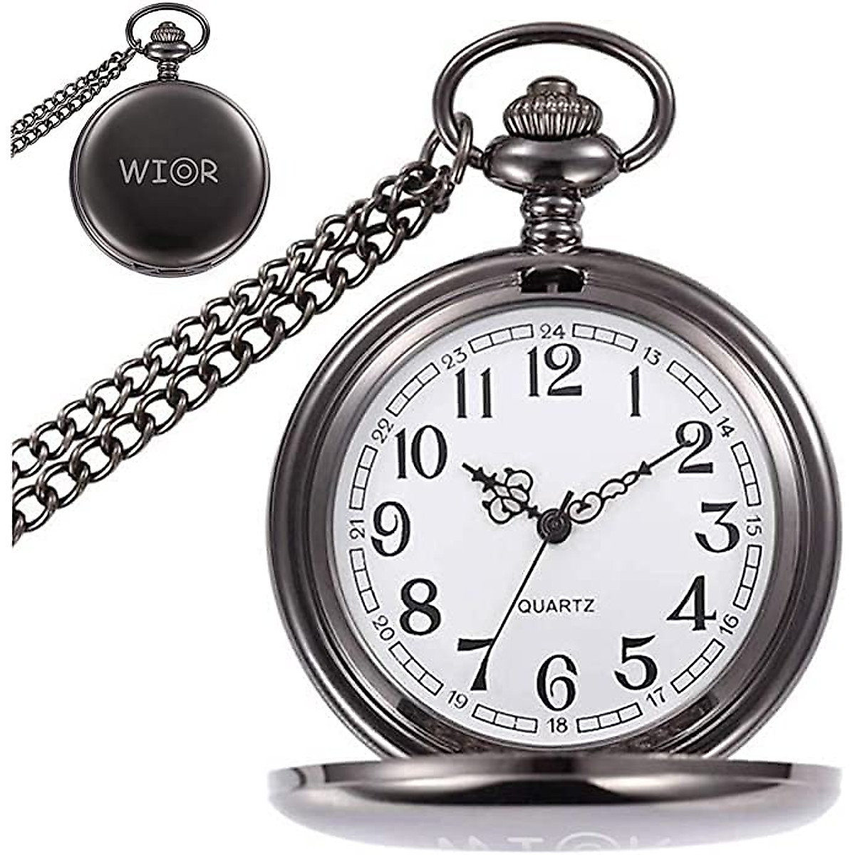 WIOR Classic Smooth Vintage Pocket Watch Silver Steel Mens Watch with 14 in Chain for Graduation Xmas Fathers Day(Black)