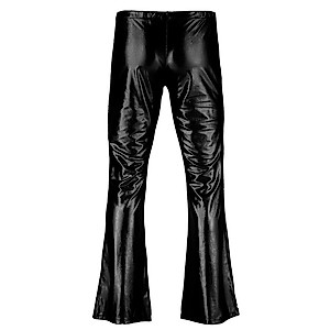 Hedmy Men's Shiny Faux Leather Disco Trousers Bell Bottoms Flared Long Pants Motorcycle Leggings Black Large