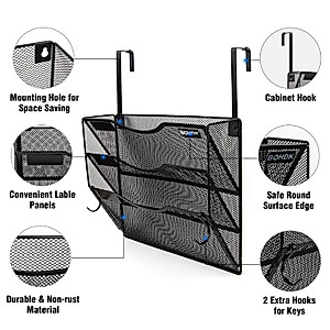 BOHDK Wall File Organizer, 3 Tire Hanging File Folder Organizer, Vertical Mesh Metal Door/Wall Mount Hanging File Holder. Paper Document Magazine Rack with Hooks for Home Office Black