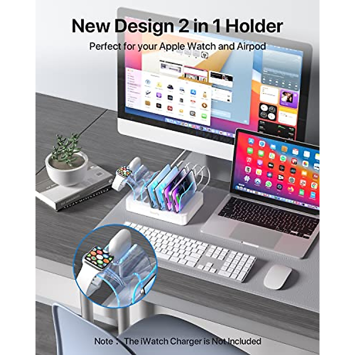 SooPii Premium 6-Port USB Charging Station Organizer for Multiple Devices, 6 Short Charging Cables and One Upgraded i-Watch Charger Holder Included, for Phones, Tablets, and Other Electronics, White