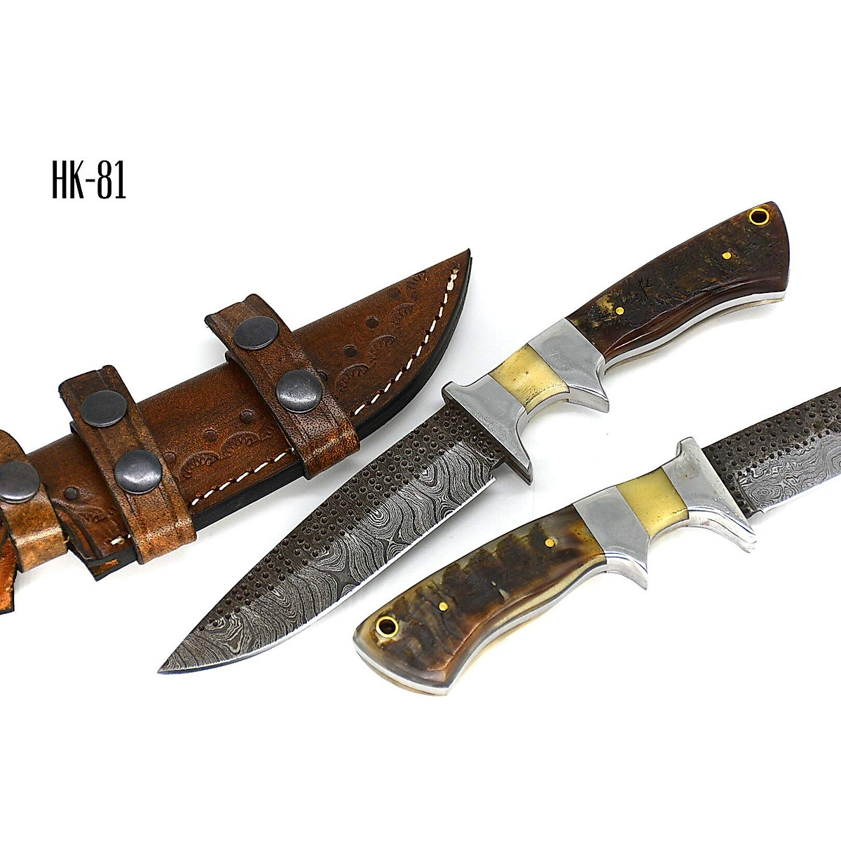 Nooraki HK-81 Handmade Damascus Hunting Knife Ram Horn Handle With Leather Sheath Full Tang Fire & Raindrop Pattern