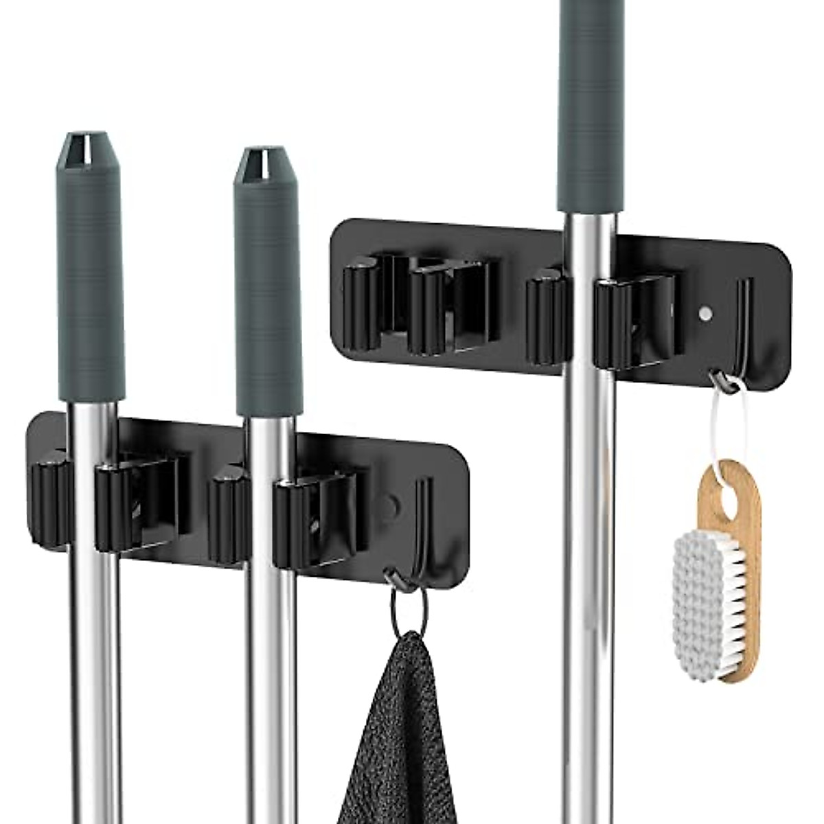 Mop Broom Holder Wall Mounted SUS304 Stainless Steel, HOMEASY Mop Broom Organizer with 2 Installation Methods (No Drilling & Screw Drilling Installation 2 In 1), Mop Hanger Heavy Duty with Hooks, 2PCS