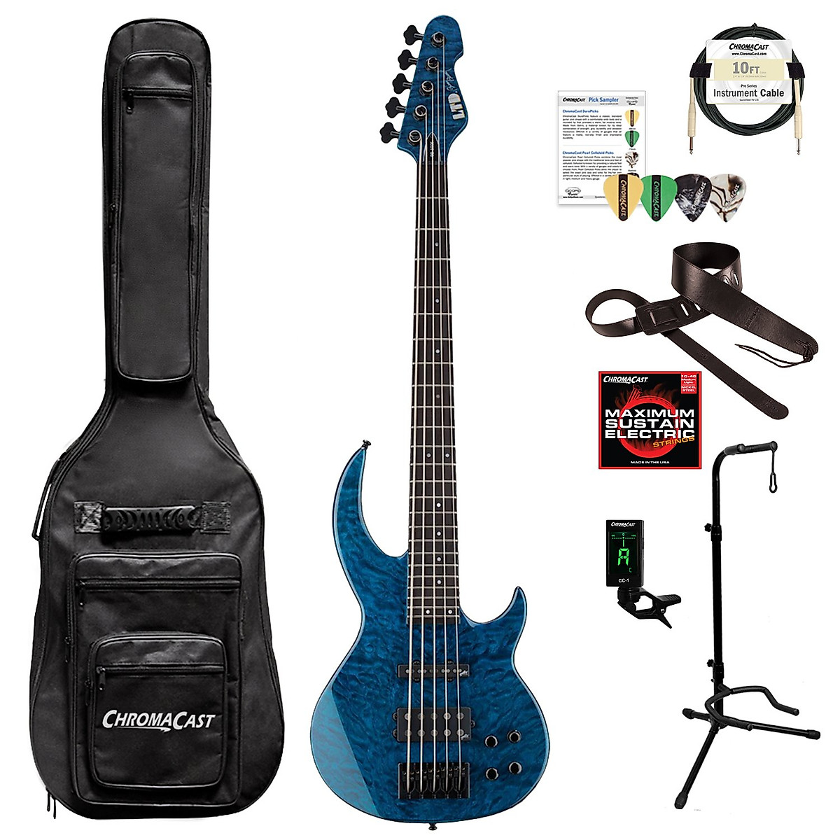 ESP LBB1005QMBLKAQ-KIT-1 Bunny Brunel Signature Series BB-1005 QM 5-String Electric Bass, Black Aqua