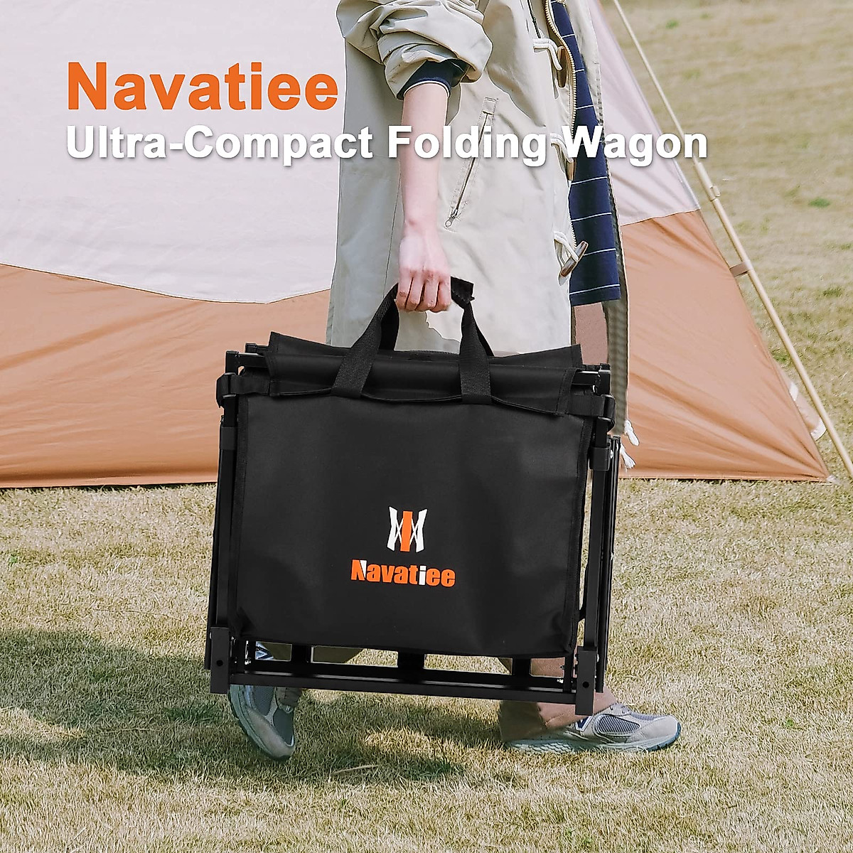 Navatiee Wagon Cart Heavy Duty Foldable, Collapsible Wagon with Smallest Folding Design, Utility Grocery Wagon for Camping Shopping Sports