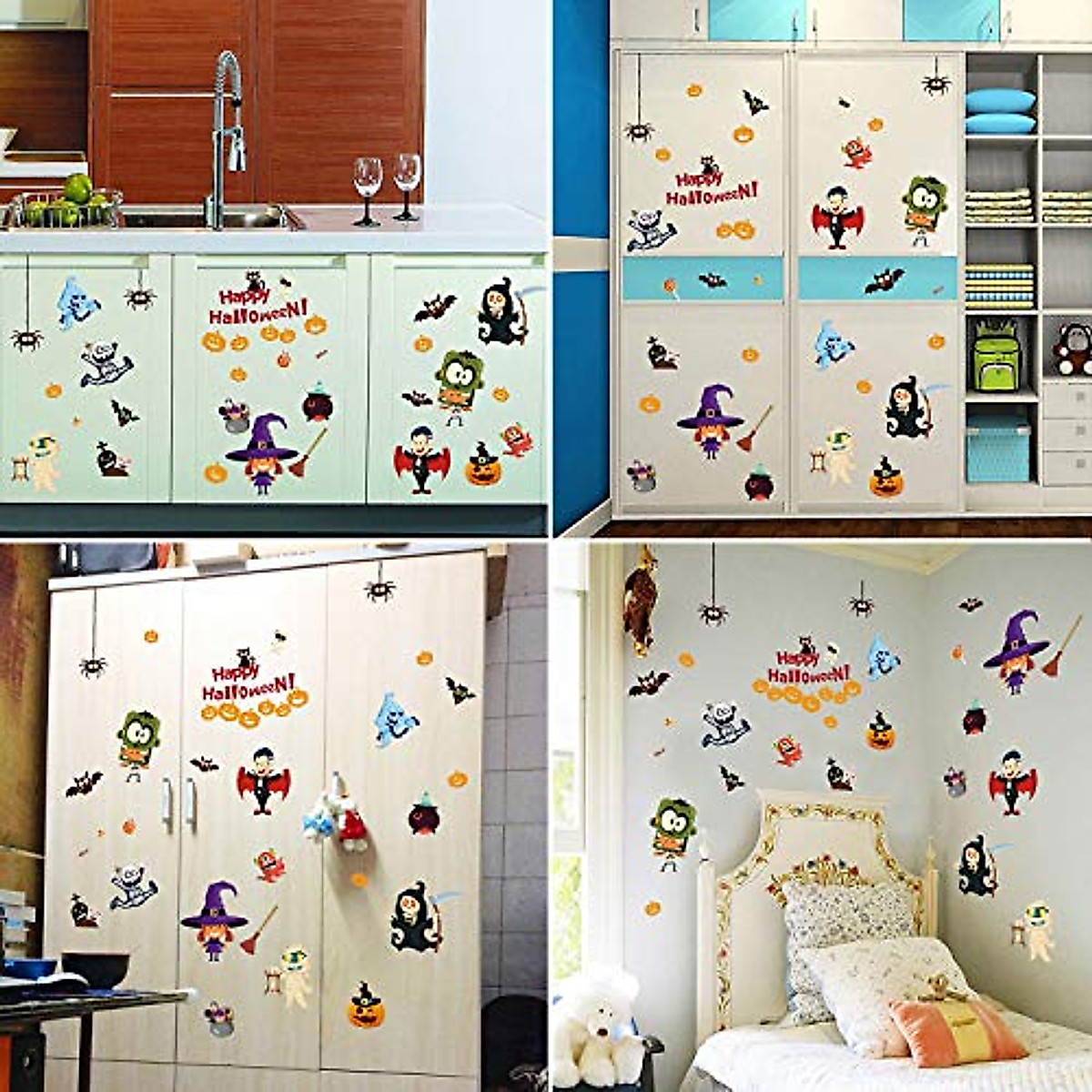 Happy Halloween Stickers Kids Bedroom Decor Indoor Outdoor Removable Wall Decals Window Art Decoration Vinyl Witch Bat Spider Vampire for Boys Girls Room