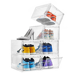 Attelite Drop Front Shoe Box,Set of 6,Stackable Plastic Shoe Box with Clear Door, As Shoe Storage Box and Clear Shoe Box,For Display Sneakers,Easy Assembly,Fit up to US Size 12(13.4”x 10.6”x 7.4”)