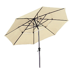 PUPZO 10ft Patio Umbrella 3 Tiers Outdoor Table Umbrella Market Umbrella with Tilt Adjustment and 8 Sturdy Ribs Umbrella for Garden, Backyard, Pool, Beach (Khaki)