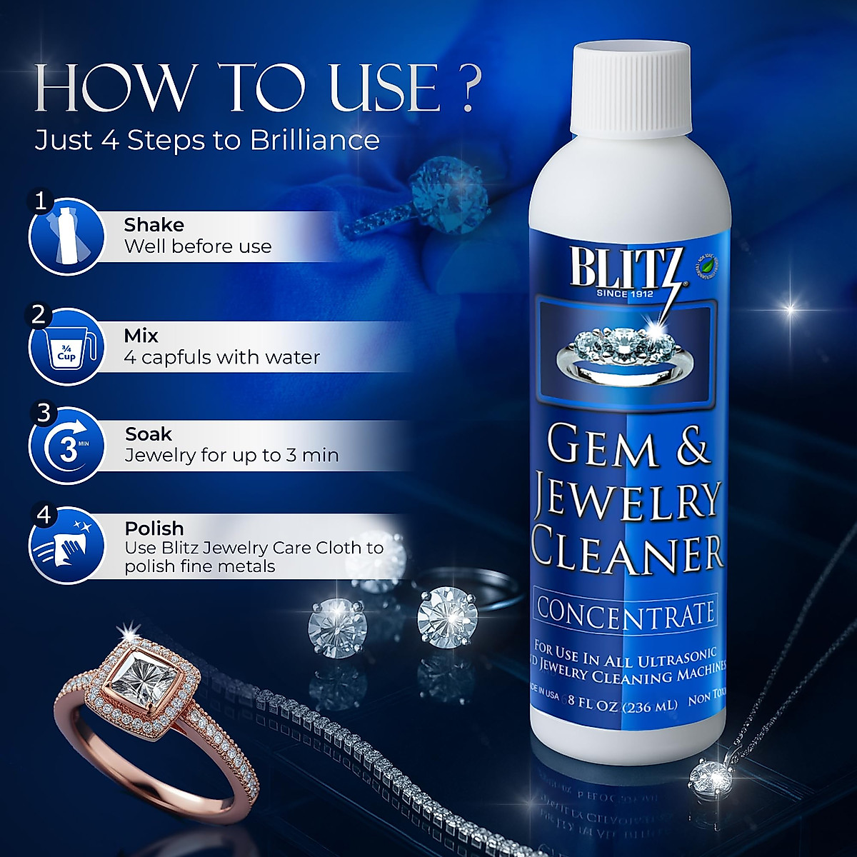 Blitz 653 Gem & Jewelry Non-Toxic Cleaner Concentrate for use in Cleaning Machines, 8 Ounces, 2-Pack