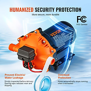 VEVOR Water Diaphragm Pump, 12V DC, 5.5 GPM Flow, 70 PSI Rated Pressure (40-100 PSI Adjustable), 1/2" MNPT Self Priming Sprayer Pump with Pressure Switch for Car Washing, Agricultural Irrigation