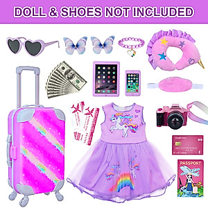 American18 Inch Doll Clothes and Accessories Travel Suitcase Play Set- Girl Doll Accessories Including Suitcase Luggage , Pillow, Sunglasses, Camera, Passport, Phone for Girls 18" Doll(No Doll)