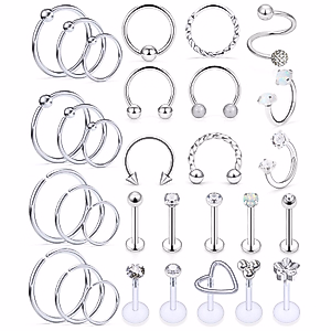 Ocptiy 16G Cartilage Tragus Helix Rook Daith Conch Earrings Studs Hoop Piercing Jewelry 16 Gauge Stainless Surgical Steel Silver Labret Monroe Medusa Lip Rings Stud Piercing Jewelry diamond Women Men