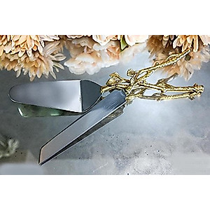 Le'raze 2 Piece Gold-leaf (twig) Cake Server Set. 1 Cake Knife and 1 Cake Server. Leaf Design 2 Tone Made of Stainless Steel and Brass. Ideal for Weddings, parties, Elegant Events