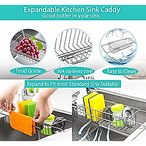 Kitchen Sink Caddy Sponge Holder, Kitchen Sink Caddy Expandable with Dish Cloth Hanger, Stainless Steel Kitchen Sink Organizer Drying Rack Basket, No Drilling