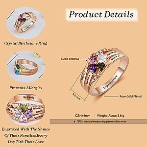 LanM Mothers Day Gifts Mothers Ring 4 Birthstones Mothers Day Ring Custom Mom Rings with 4 Name Personalized Sterling Silver Rings for Women Family Grandmother Rings (Rose gold, 9)