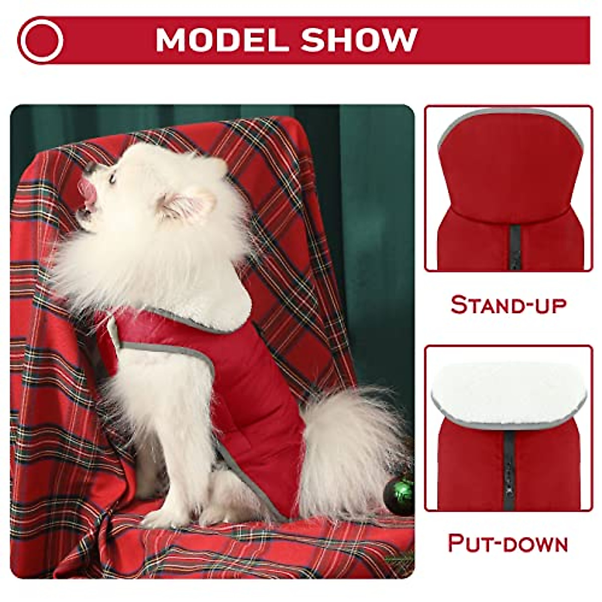 ALAGIRLS Thick Fleece Lining Winter Dog Coat, Classic Padded Warm Dog Coat with Harness Hole, Windproof Dog Vest Clothes Pet Apparel for Cold Weather, Red L