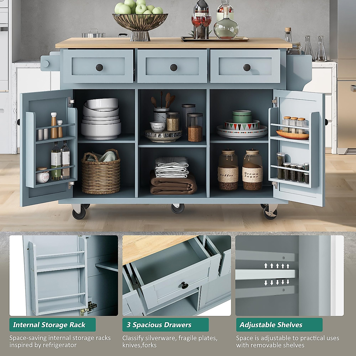 LUMISOL Kitchen Island with Drop Leaf, Rolling Kitchen Island Cart with Internal Storage Racks, Wood Kitchen Island on Wheels with Drawers, Spice Rack & Towel Rack, for Kitchen, Gray Blue