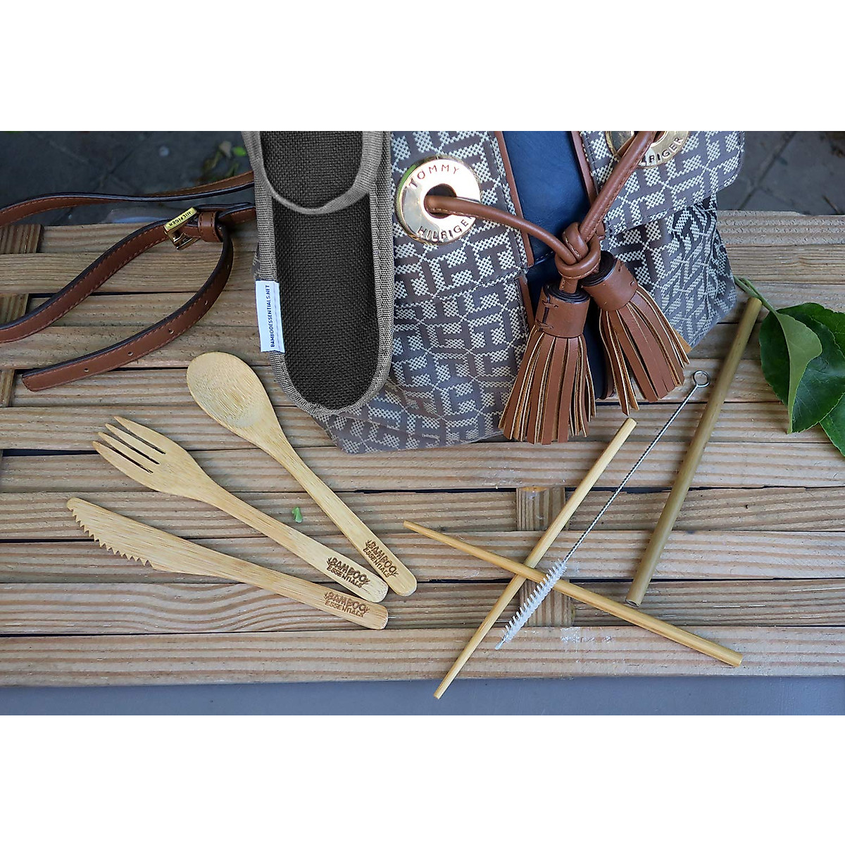 Bamboo Travel Utensil Set | Bamboo Fork, Knife, Spoon, Chopsticks, Straw, Straw-cleaning brush, Travel Pouch and Carabiner | Excellent For Everyday Use! ((1Set) Midnight Black)
