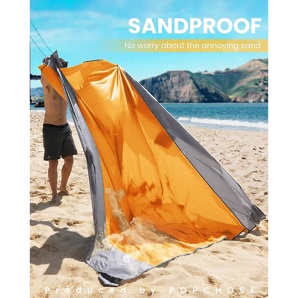 POPCHOSE Beach Blanket, Sandfree Beach Mat ‎108"x85.2"/83"x78" for 7 Persons, Extra Large Beach Blanket Waterproof Sandproof with 6 Stakes, Easy to Clean, Lightweight Compact Beach Accessories