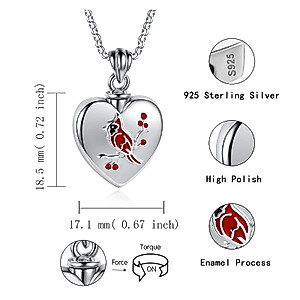 Sterling Silver Cremation Urn Jewelry - Cardinal Heart Cremation Keepsake Pendant Necklace Bracelet Memorial Jewelry Gifts for A Loss of The Loved One (Necklace)