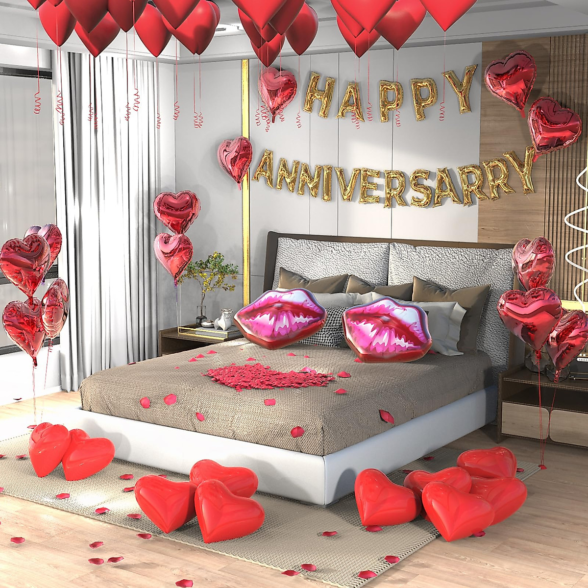 Anniversary Decorations, Happy Anniversary Banner, Latex Heart Balloons, Foil Heart Balloons, Red Silk Rose Petals for Romantic Night Weddings Bridal Showers Bachelorette Party Decorations