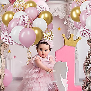 RUBFAC 65pcs 12 inch Pink Gold Confetti Balloons Kit, Pink White Gold Party Balloons with Ribbons for Birthday, Wedding, Baby Shower, Graduation Decorations