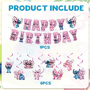 Stitch Birthday Decorations Stitch Pink Happy Birthday Banner Hanging Swirls for Birthday Party Supplies