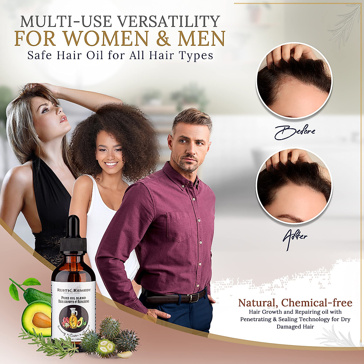 Rustic Remedy 100% Organic, Cold-Pressed Rosemary, Castor and Avocado Oil | Growth & Frizz Repair Oil Treatment (2 oz) | 100% Natural, Pure Oil for Dry Damaged Hair for Women and Men