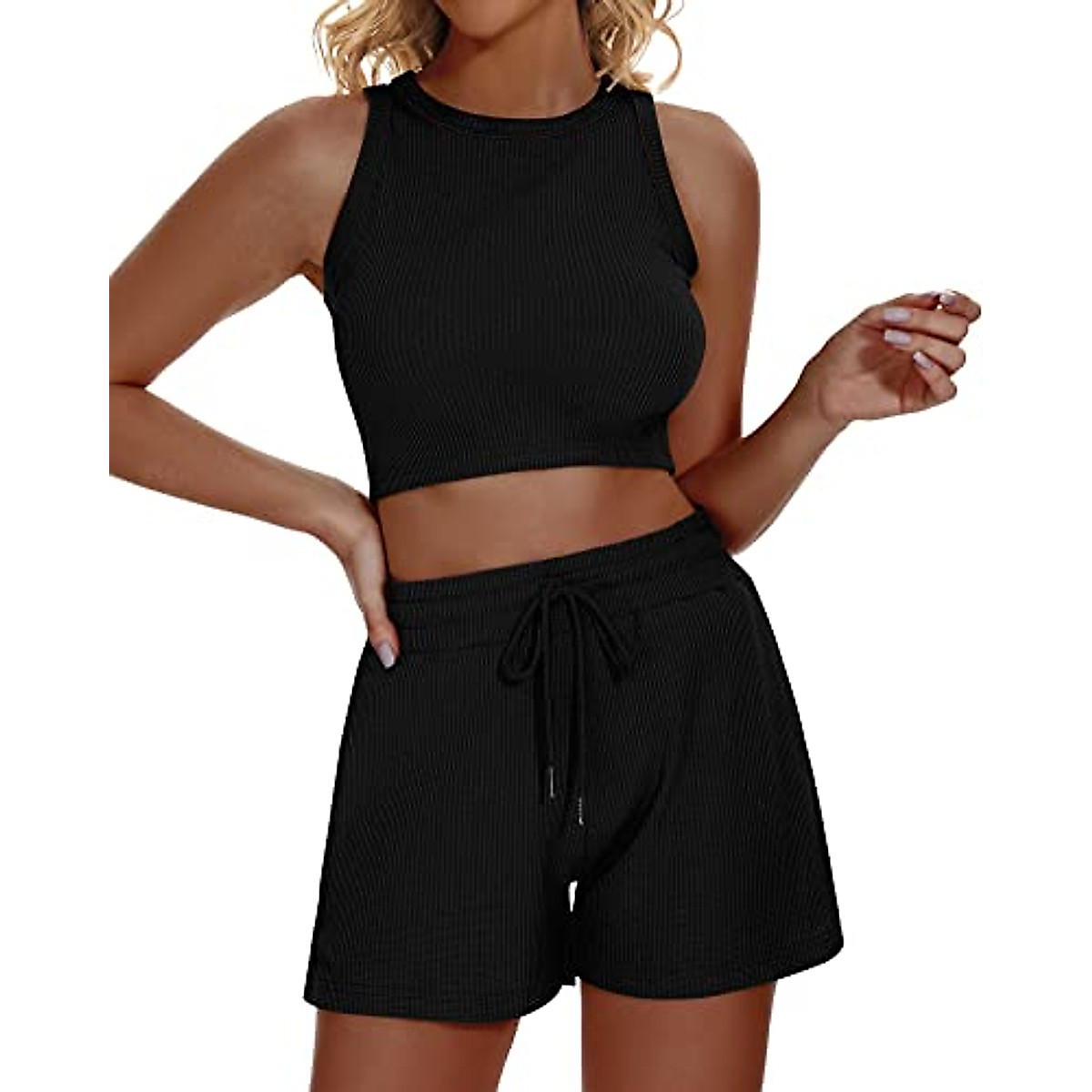 Funlingo Women's 2023 Waffle Knit Sleeveless Crop Top and Shorts Lounge Pajama Matching Sets Sweatsuits Tracksuits 2 Piece Summer Outfits Black M