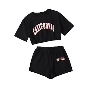 SHENHE Girl's Short Sleeve Letter Graphic 2Pcs Crop Top and Track Shorts Set Black 9Y