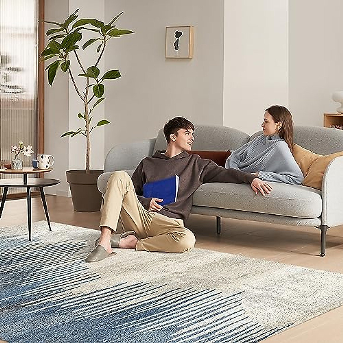 VKLIVING Washable Area Rug 9'x12' Abstract Thin Living Room Non Slip Bedroom Soft Low Pile Machine Washable Lightweight Large Area Rug, Blue&Beige