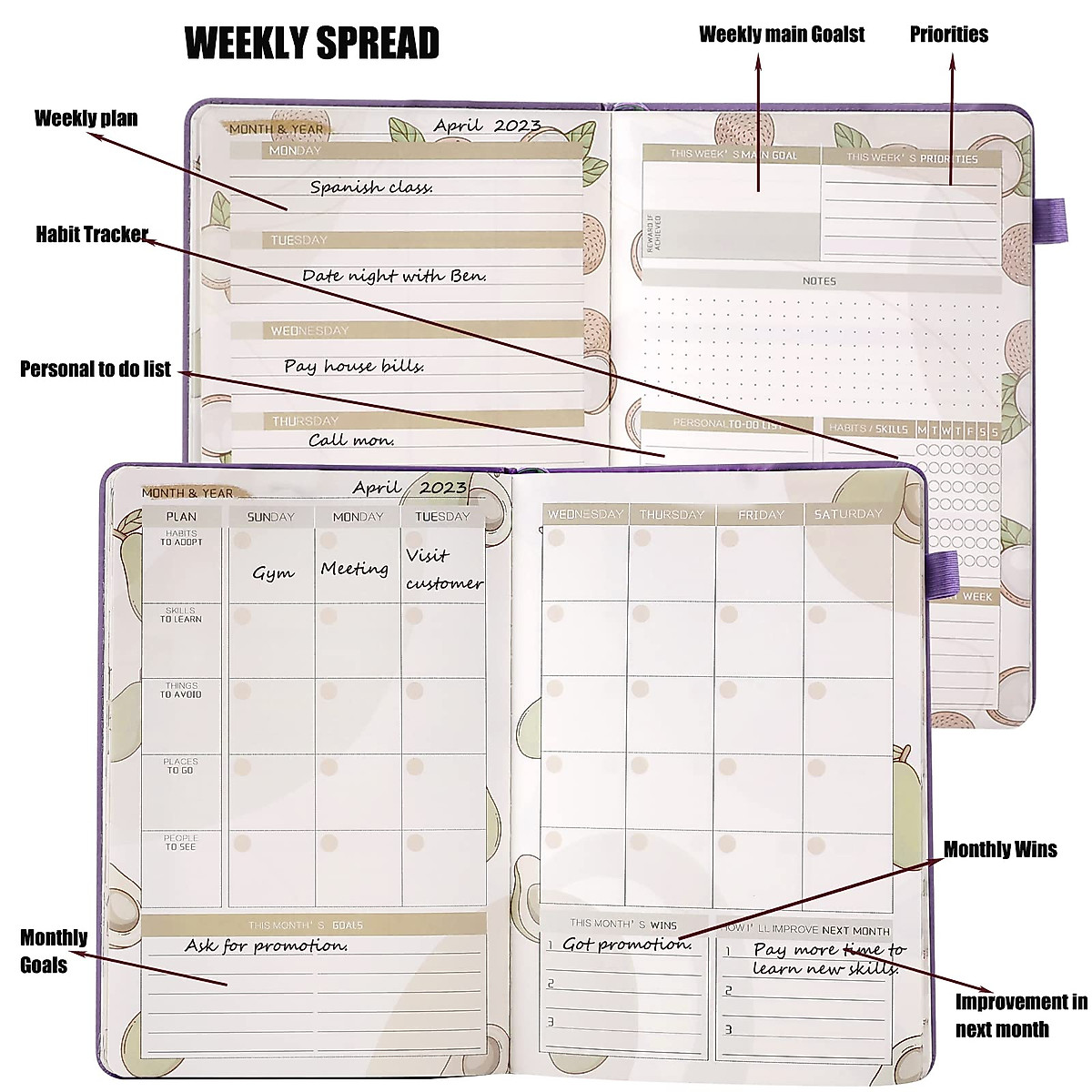 Update Pu Leather Monthly&Weekly Life Planner Organizer Notebook Gratitude Journal Productivity Journal with Pen,12 Colors Fineliner Pen&Stickers Time Management for Men&Women(Lightblue)