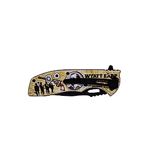 Folding Wyatt Earp Pocket Knife, 4.75 inch Stainless Steel Blade Pocket Knife with Printed portrait of Wyatt Earp (birth from 1848 - 1929)| Legend of the West Collection| with Pocketclip for Camping, Fishing, Hiking, Gifts for Father, Husband