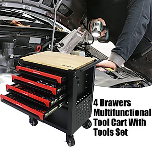 Campfun Rolling Tool Cart with 4-Drawer 266PCS Tool Set, Tool Chest Cart on Wheels, Utility Tool Box with Wooden Top Workbench, Tool Storage Cabinet Organizer for Garage, Workshop, Repair Shop