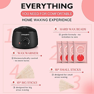Syncerity Hair Removal Waxing Kit for Sensitive Skin, All-In-One Home Wax Kit with 4 Bags Wax Beads for Hair Removal, Hard Wax Kit for Fine Coarse Body Hair, Brazilian Bikini Face Legs