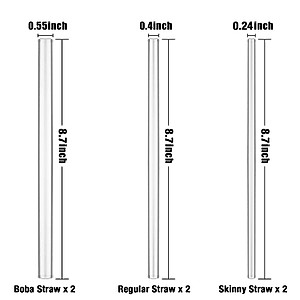 Reusable Glass Drinking Straws, Healthy Boba Smoothie Straws, ECO Friendly - BPA Free, 8.7" x 14mm / 10mm / 6mm, 6 Pack with Cleaning Brush for On The Go
