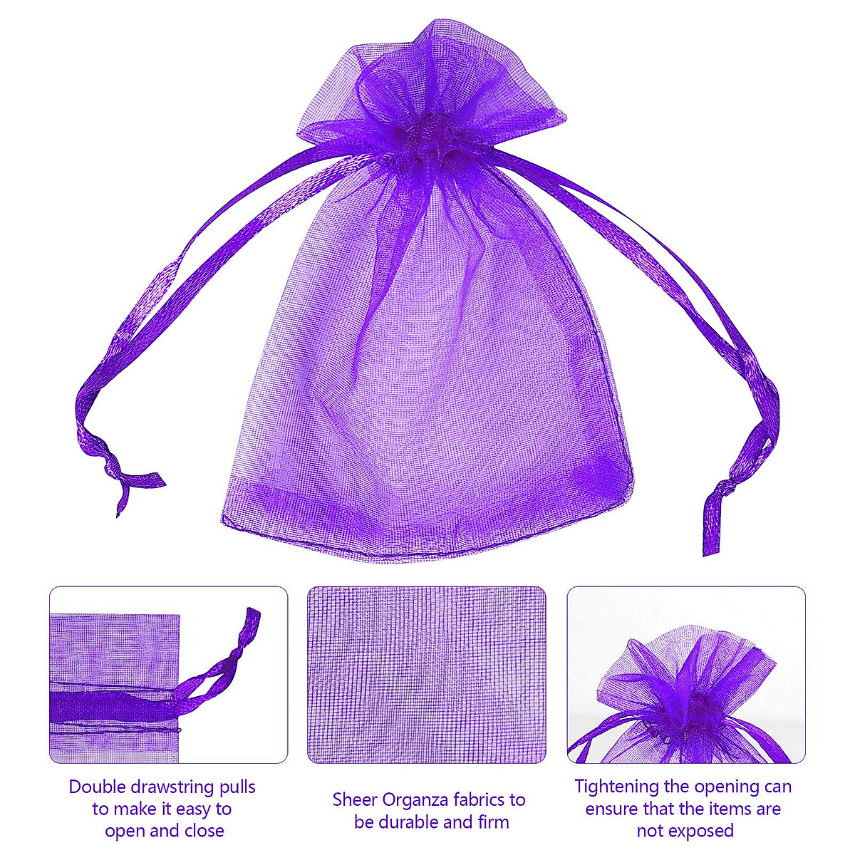 Boshen 100/200PCS Organza Gift Candy Sheer Bags Mesh Jewelry Pouches Drawstring Bulk for Wedding Party Favors Christmas (3" X 4"(100PCS), Purple)