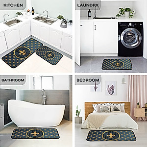 Glaphy Mardi Gras Fleur De Lis Kitchen Rug Set of 2, Washable Non-Slip Personalized Floor Mat Memory Foam Rug for Bedroom Bathroom Laundry Room