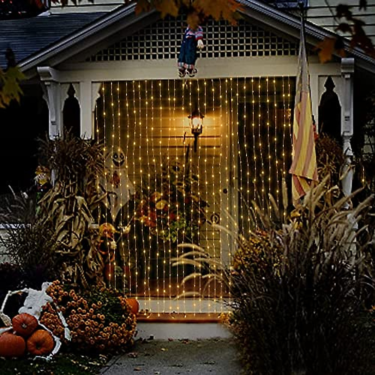 300 LED Solar Curtain Light Outdoor Remote Control 8 Lighting Modes Fairy Lights, IP65 Waterproof Copper Wire Lights for Christmas Party Wedding Home Bedroom Garden Wall Decorations (Warm)