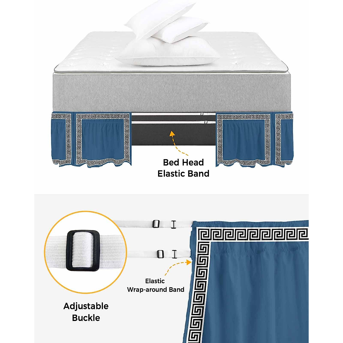 Chinese Bed Skirt Cal King Size 18 Inch Drop,Adjustable & Elastic Wrap Around Bed Skirts Pleated Luxury Dust Ruffles for Twin Full Queen Cal King Base Bed,Traditional Blue Black Geometric Tile Pattern