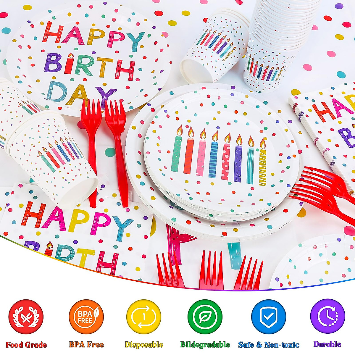 Birthday Party Decorations, 138Pcs Polka Dots Happy Birthday Party Supplies-Serves 24 with Birthday Plates and Napkins Birthday Banner Tablecloth for Boys Girls Birthday Party Decorations
