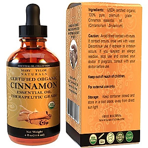 Organic Cinnamon Essential Oil (4 oz), USDA Certified Organic, Therapeutic Grade, 100% Pure and Natural, Perfect for Aromatherapy, Diffuser, DIY by Mary Tylor Naturals