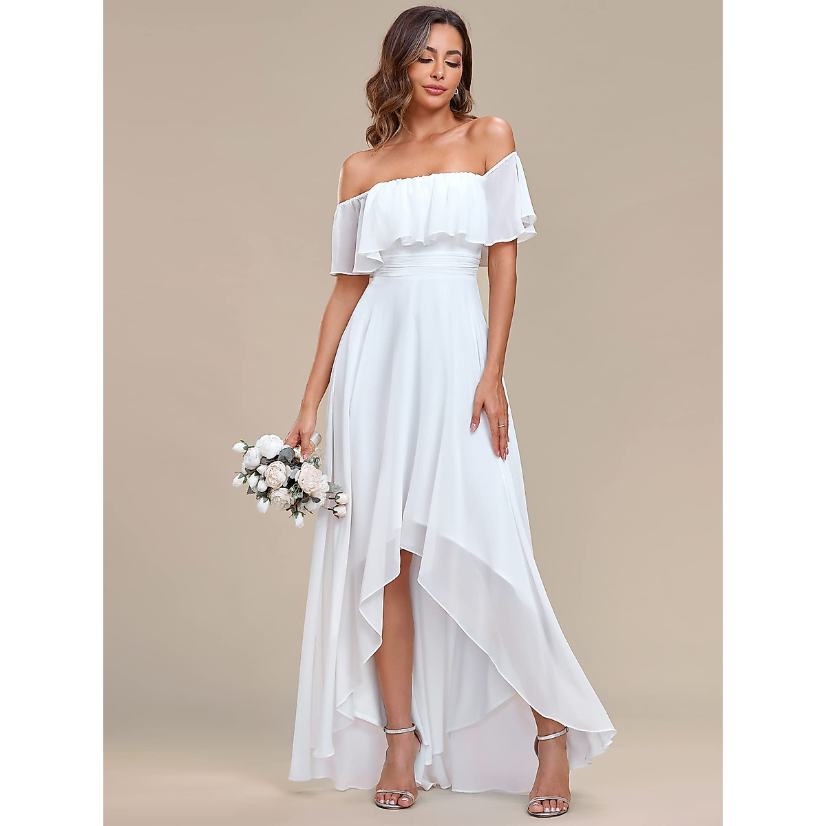 Ever-Pretty Women's Off Shoulder Ruffle Sleeve High Low A Line Chiffon White Bridesmaid Dress White US18