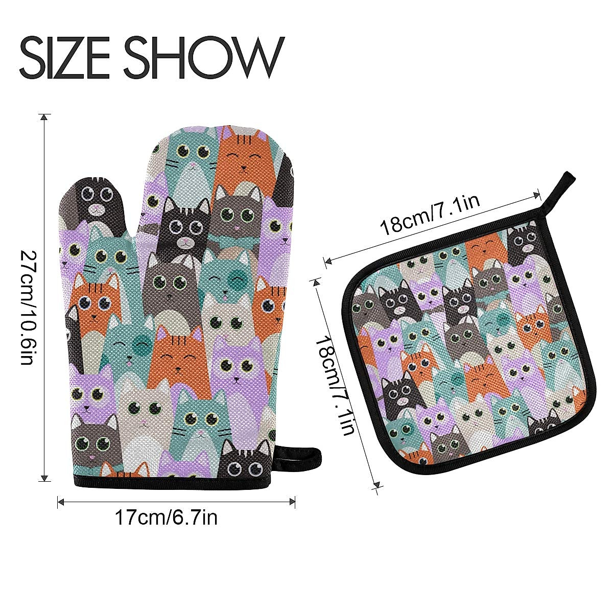 Oven Mitts Pot Holders Sets - Cute Cats for Kids Oven Gloves Hot Pads Non-Slip Potholders for Kitchen Cooking Baking BBQ