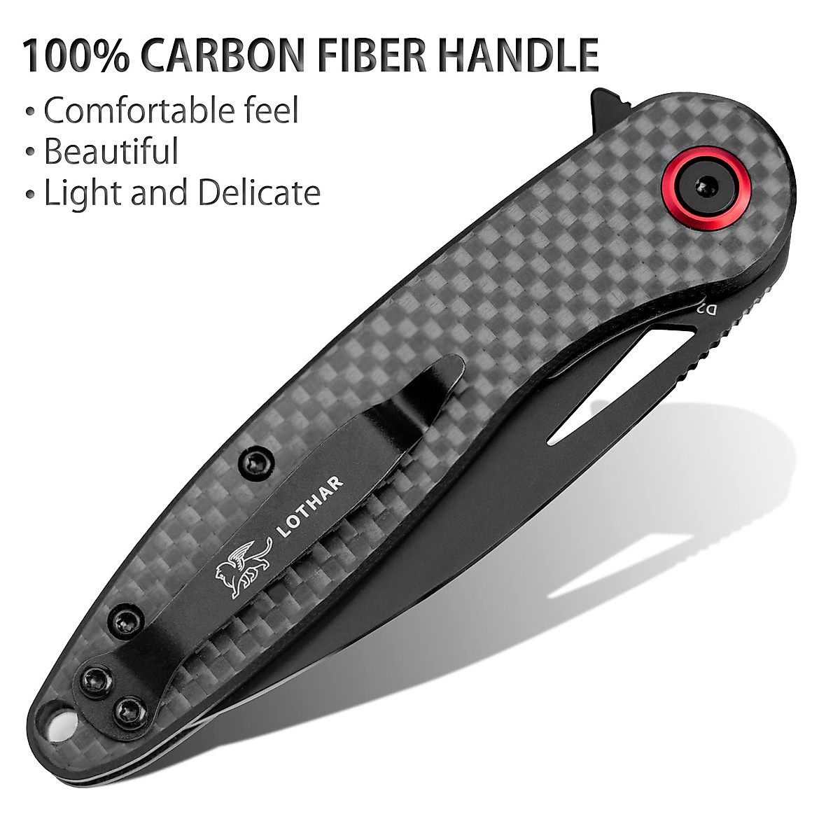 LOTHAR Seagull EDC Pocket Knife, Carbon Fiber Handle and 3" D2 Knife Blade, Ultra Light 2.2oz, Slim Pocket Knife, Small Folding Utility Knife Mini Box Cutter for Men Women, Flipper Knife with Pocket Clip