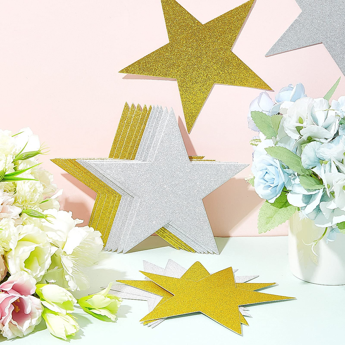 150 Pcs Glitter Stars Paper Confetti Wedding Party Decor Cutouts Confetti Stars Small Stars for Bulletin Board Shimmer Stars Accents for Classroom Wall Decor, 6 Inches (Gold and Silver)