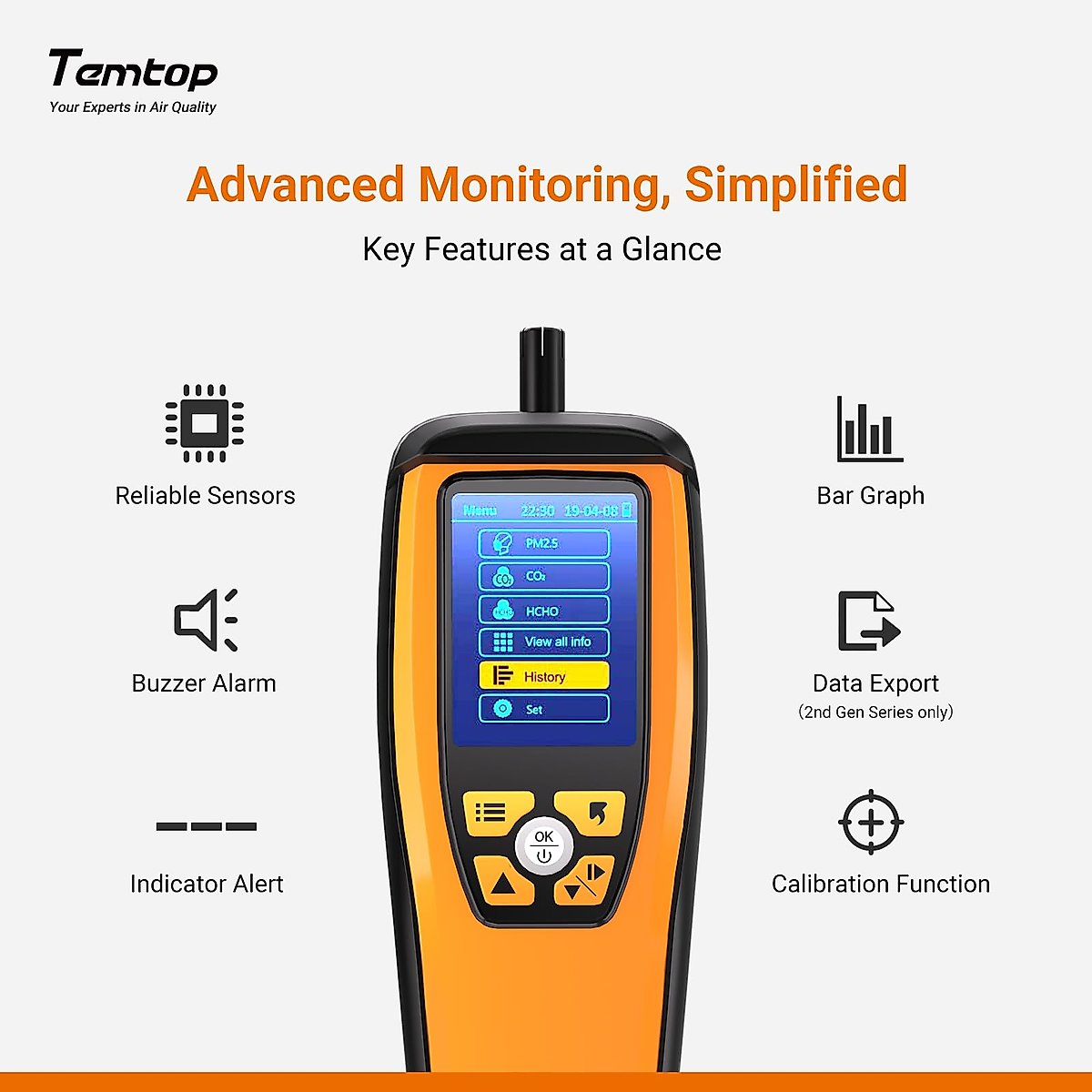Temtop Air Quality Monitor CO2 Detector Professional Carbon Dioxide PM2.5 PM10 Formaldehyde Temperature and Humidity Monitor w/Audio Alarm Data Export (M2000 2nd)